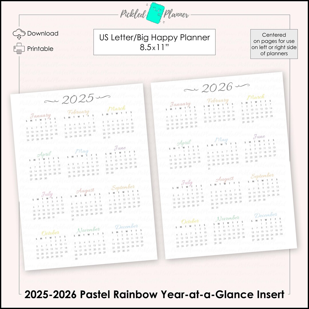 NEW! Centered Pastel Rainbow 2025-2026 Dated Year-at-a-glance Month ...