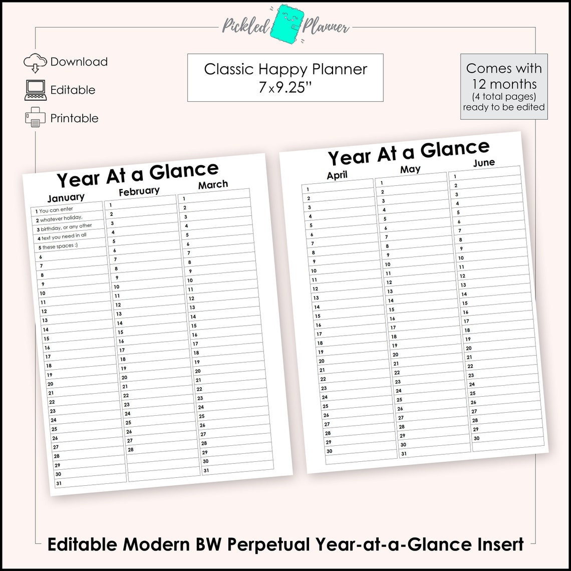 Editable Modern Black & White Year at a Glance Planner/binder Printable ...
