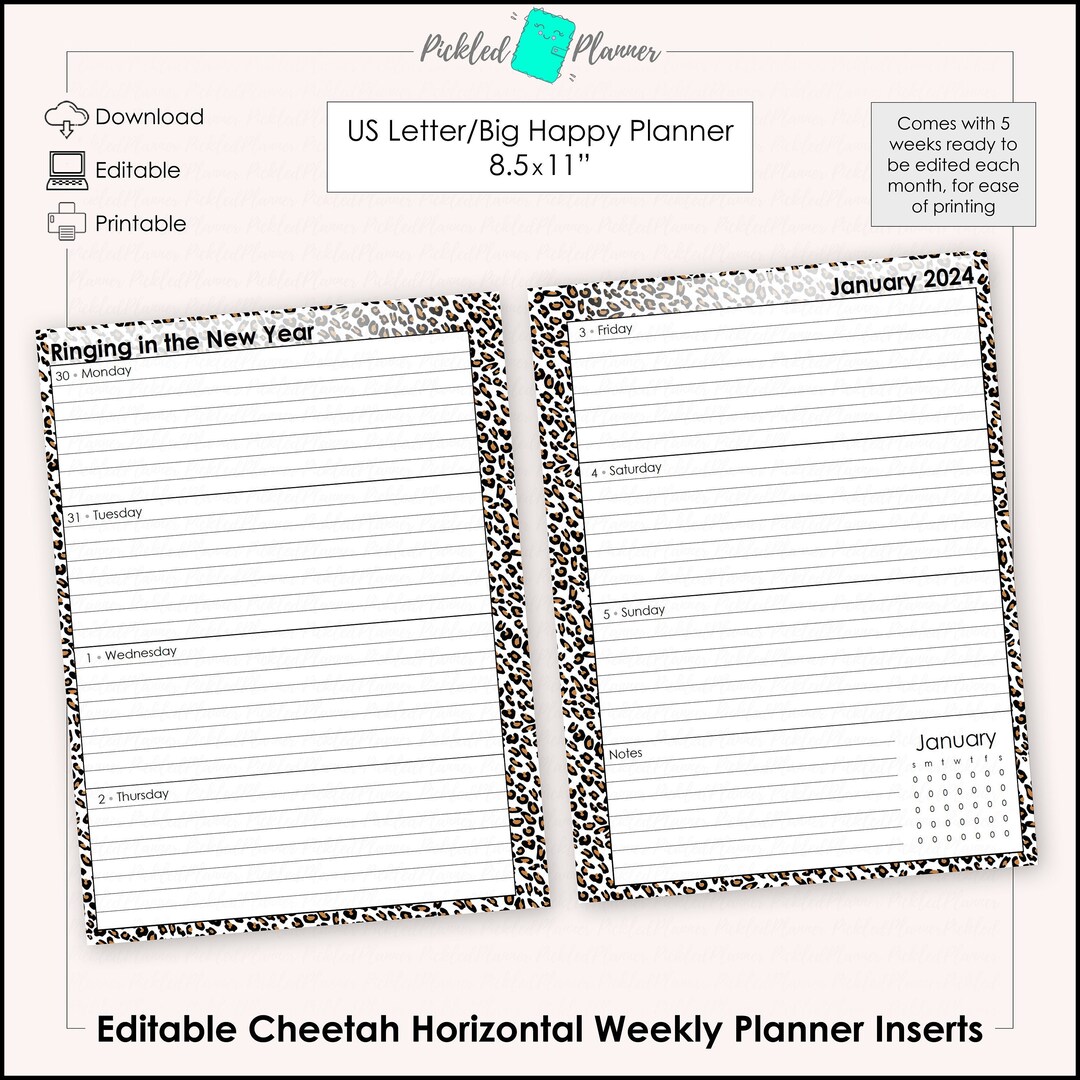 Editable Wild Cheetah Animal Print Undated, Horizontal Weekly Planner ...