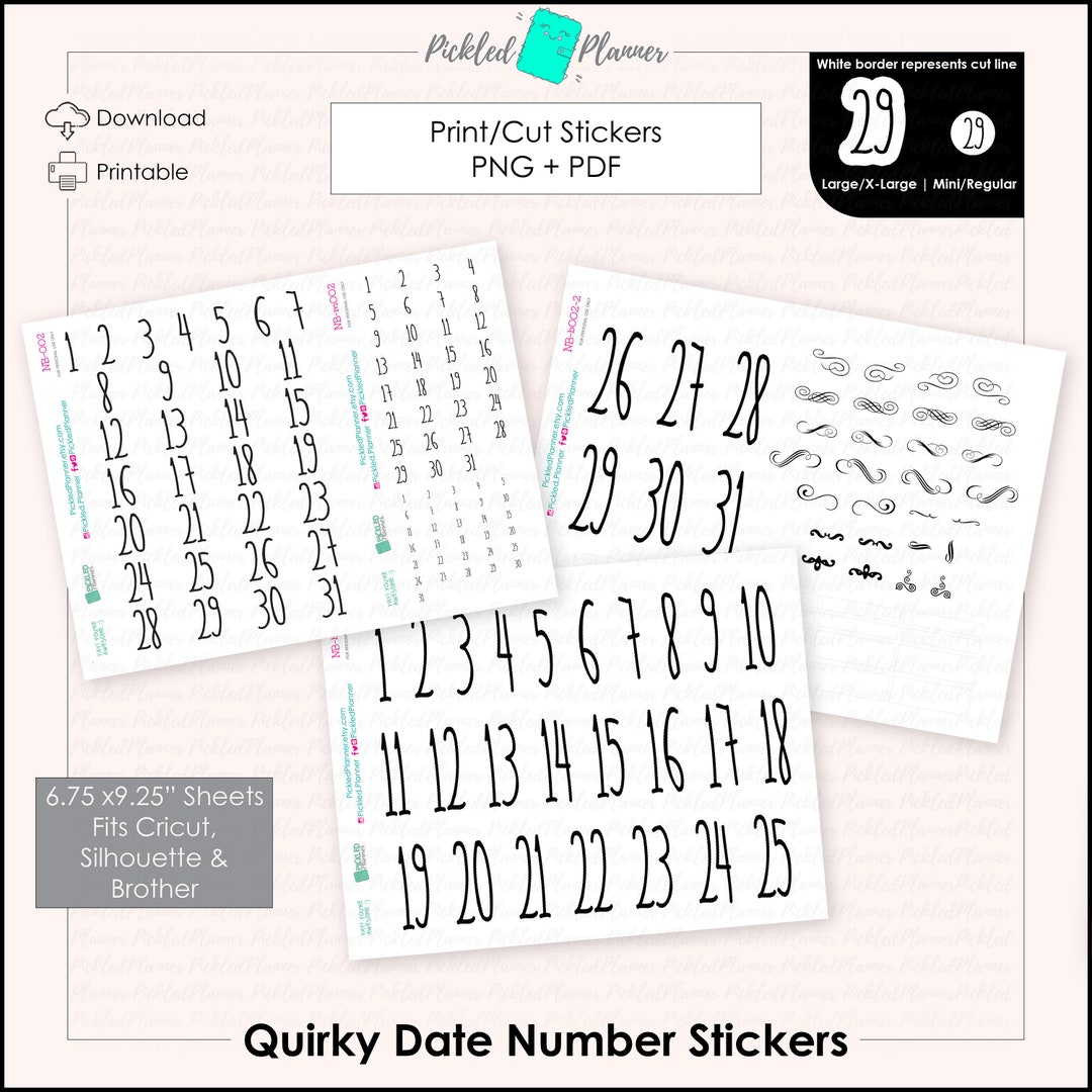 Printable Quirky Date Number Stickers Print/cut Sticker Sheets 4 Sizes ...