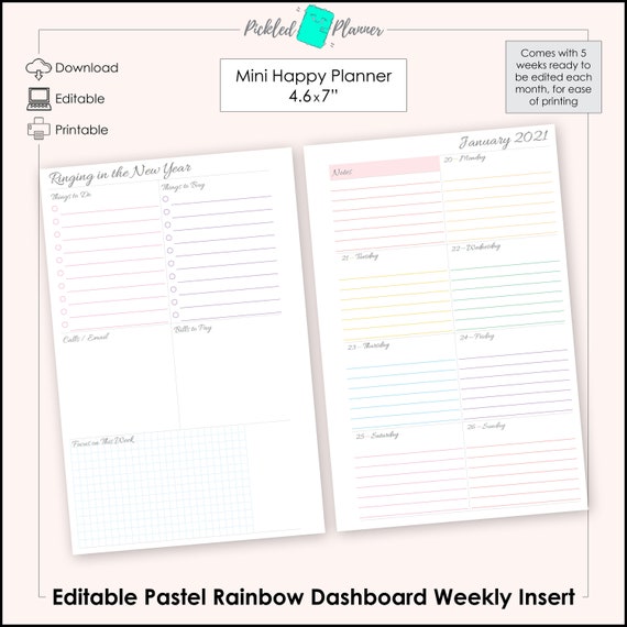 Mini Editable Pastel Rainbow Undated Dashboard Weekly Planner | Etsy