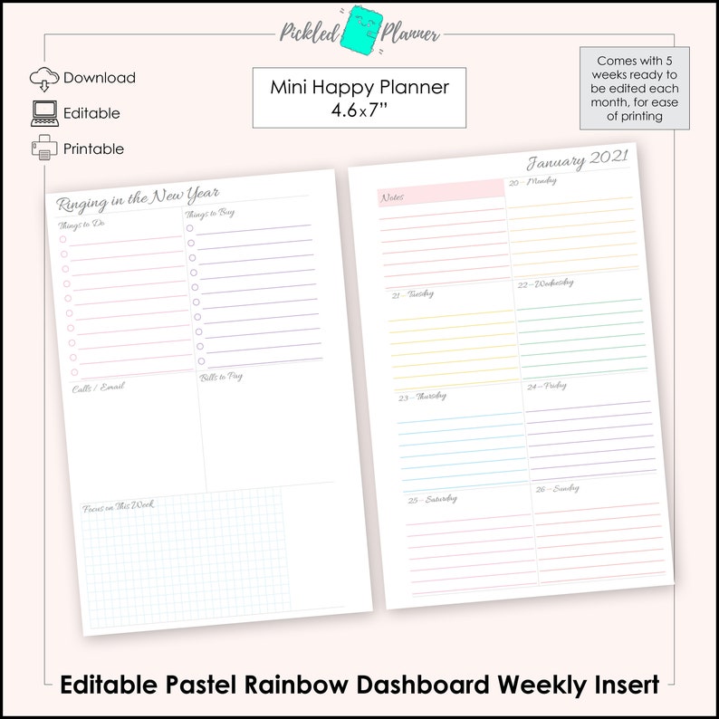 Mini Editable Pastel Rainbow Undated Dashboard Weekly Planner | Etsy