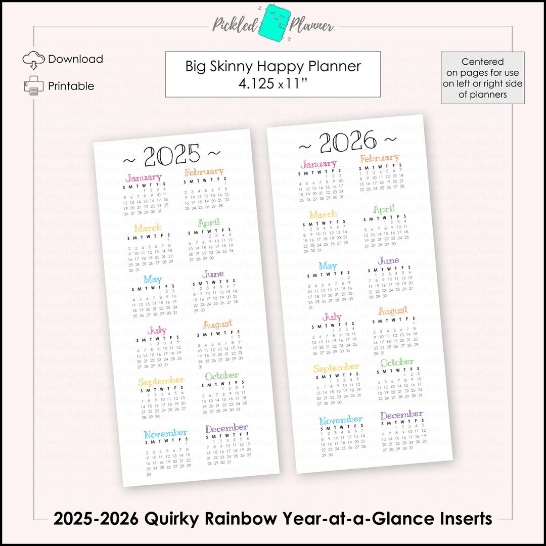 Centered Quirky Rainbow 2025-2026 Dated Year-at-a-glance Month Planner ...