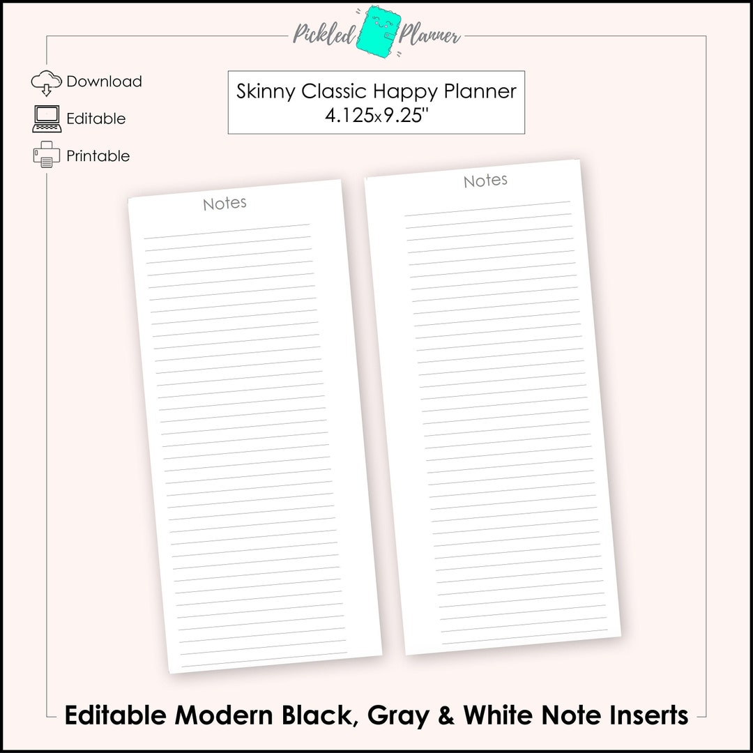 Imprimibles de notas editables modernas en negro, gris y blanco 4.125x9 ...