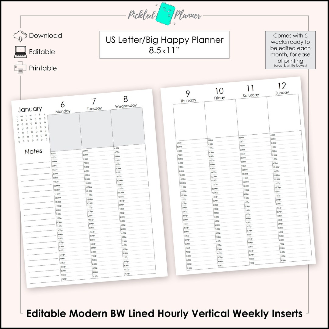 Editable Modern Black & White Hourly LINED Undated, Vertical Weekly ...