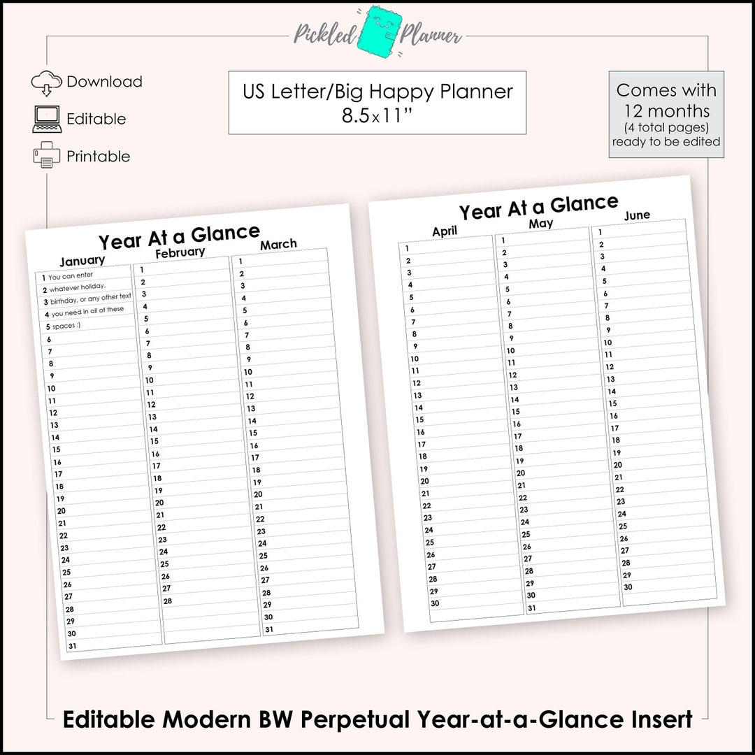 Editable Modern Black & White Year at a Glance Planner/binder Printable ...