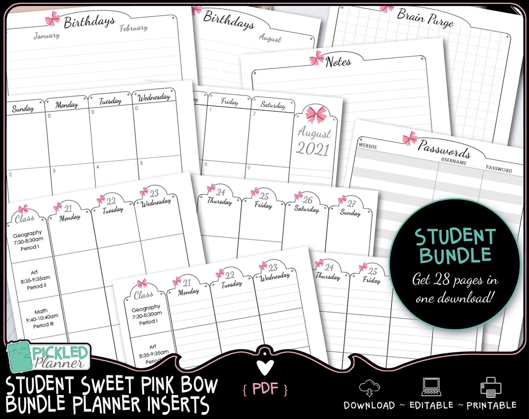 Editable Student Sweet Pink Bow Undated, School Planner/binder ...