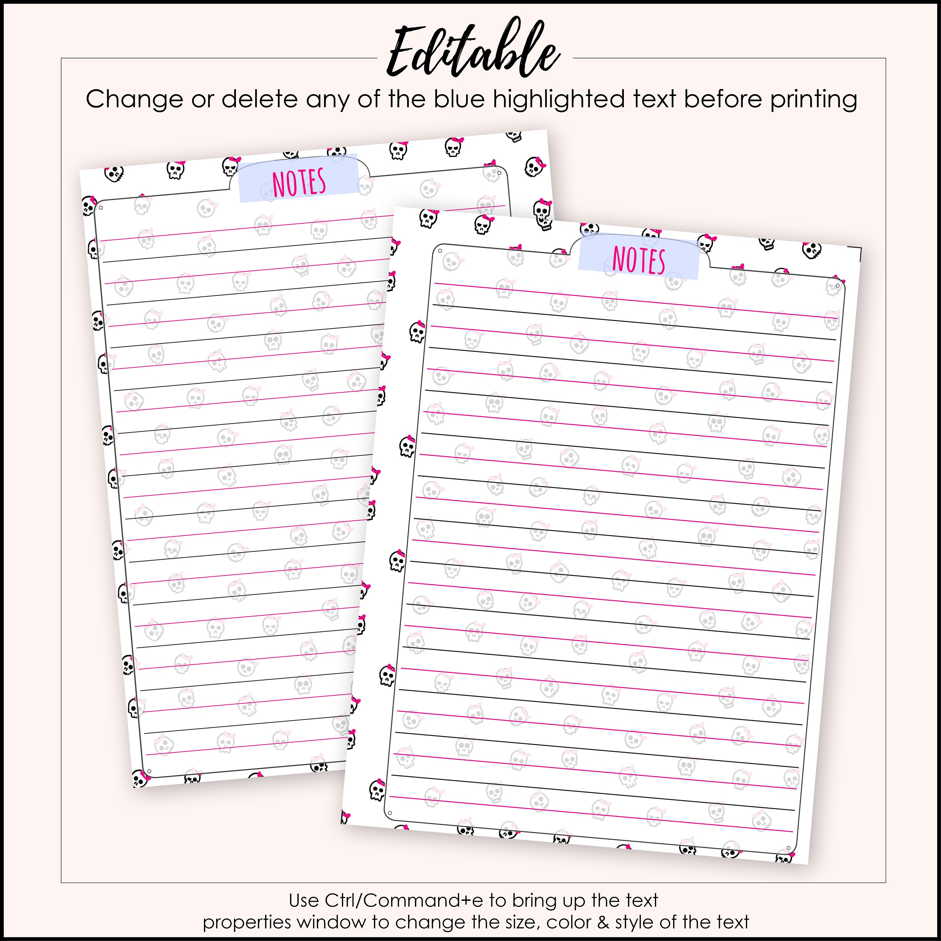 Editable Pink Bows & Skulls Notes Printable 7x9.25 | Etsy