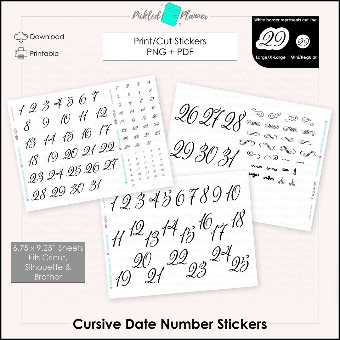 Printable Cursive Date Number Stickers || Print/cut Sticker Sheets || 4 ...