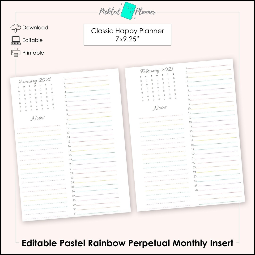 Pastel Rainbow Editable Undated Perpetual Monthly Planner/binder ...