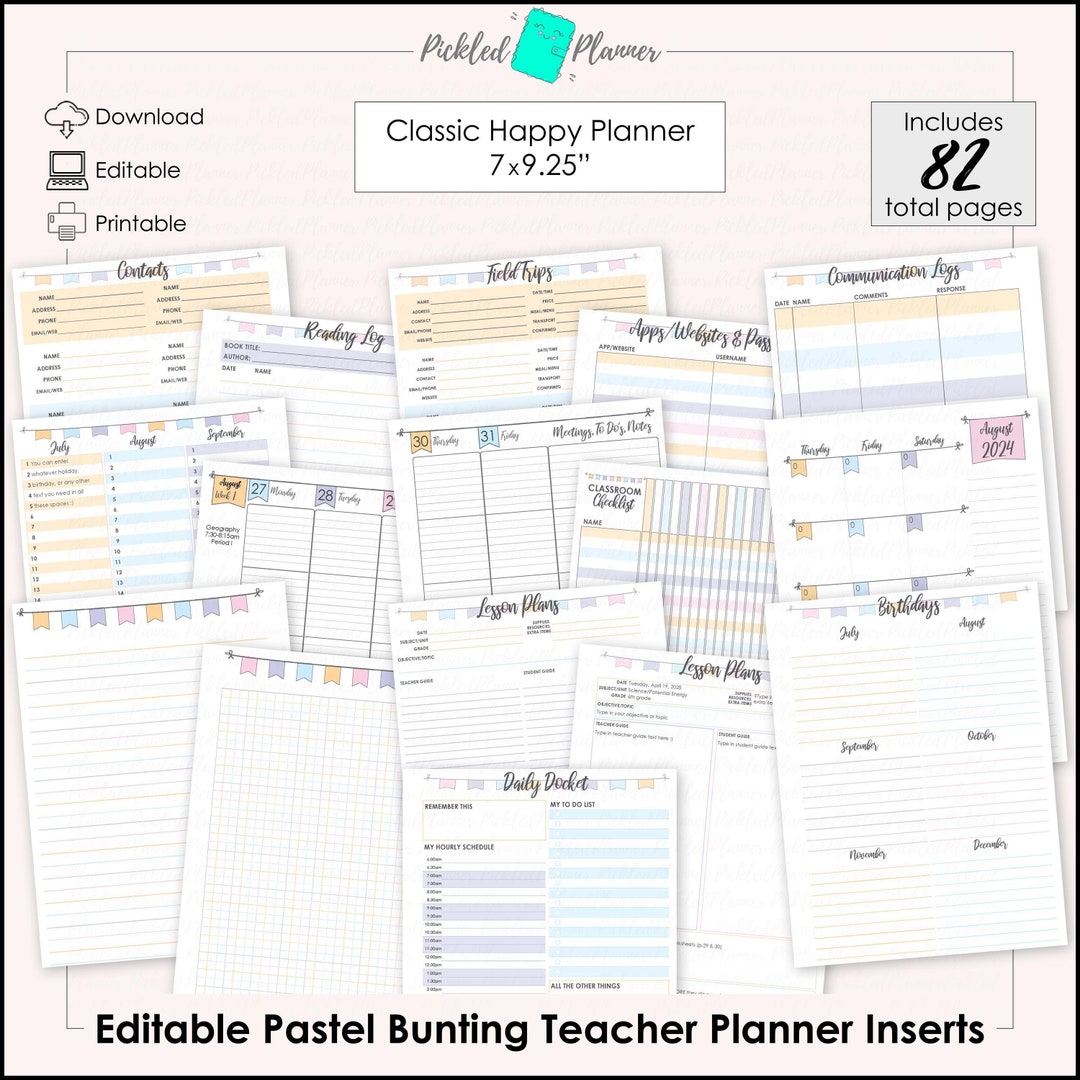 82 Total Pages - Editable Pastel Bunting Undated Teacher/homeschool ...