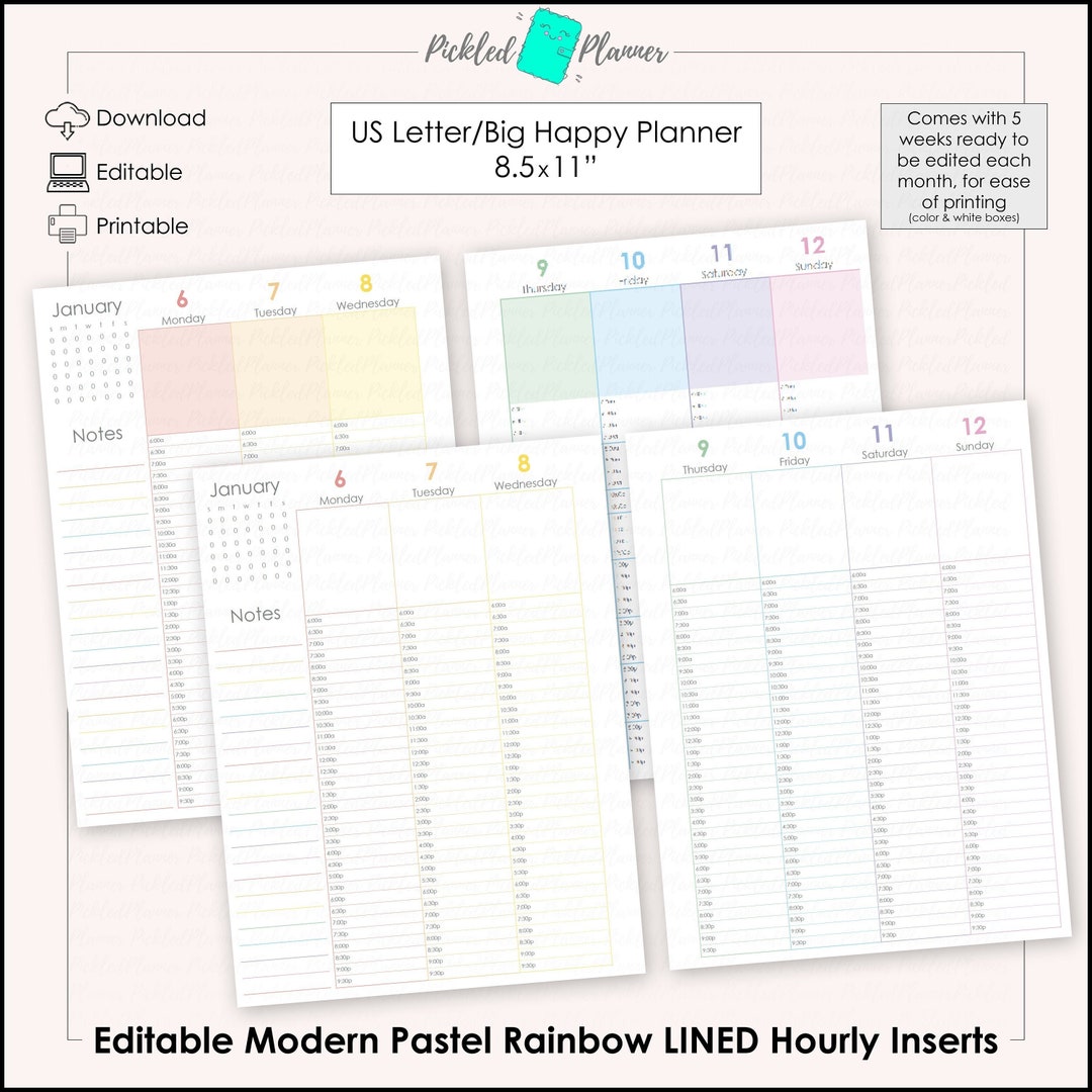 Editable Modern Pastel Rainbow Hourly Lined Undated, Vertical Weekly ...