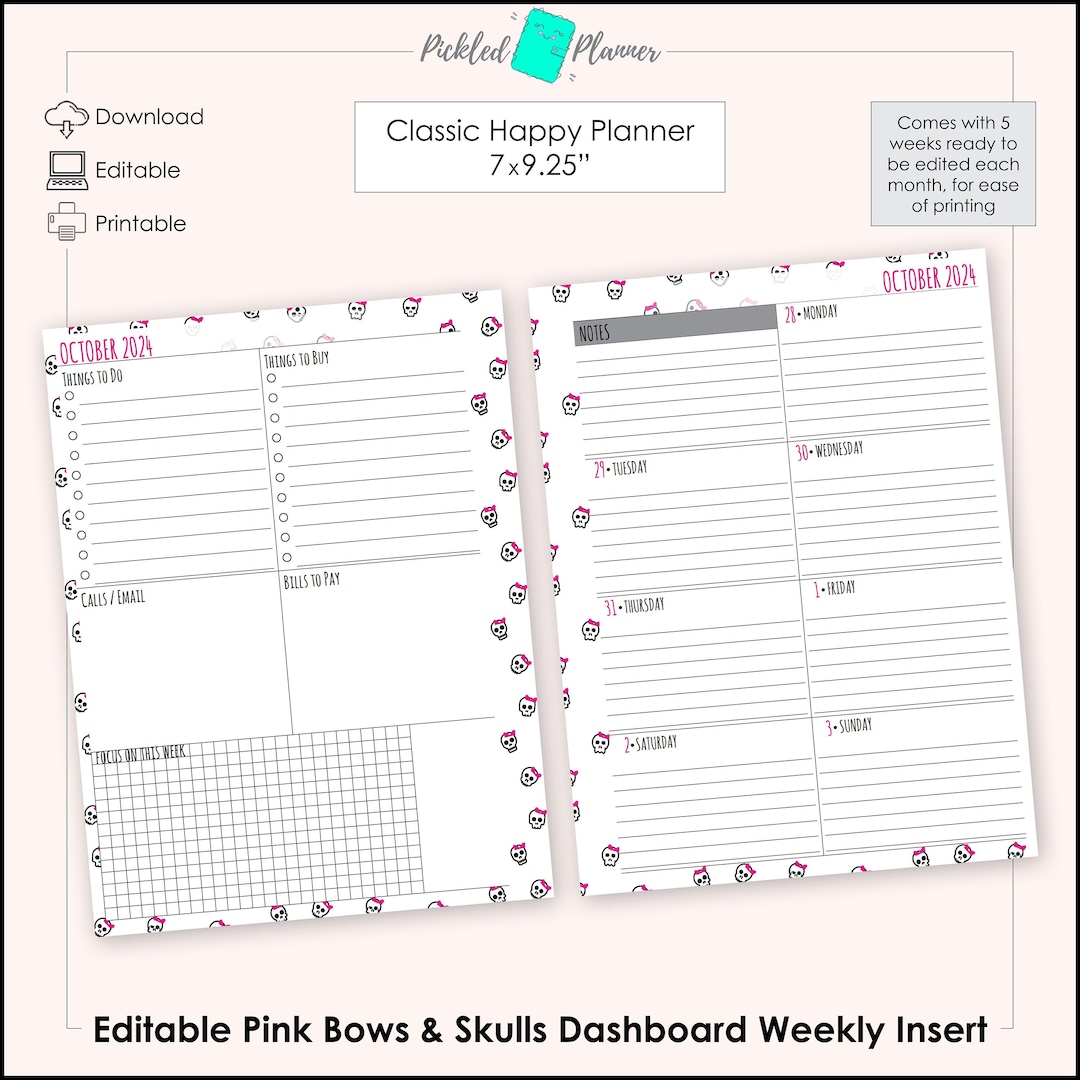 Editable Pink Bows & Skulls Undated, Dashboard Weekly Planner/binder ...