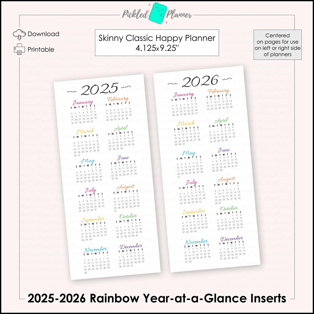 NEW! Centered Bright Rainbow 2025-2026 Dated Year-at-a-glance Month ...