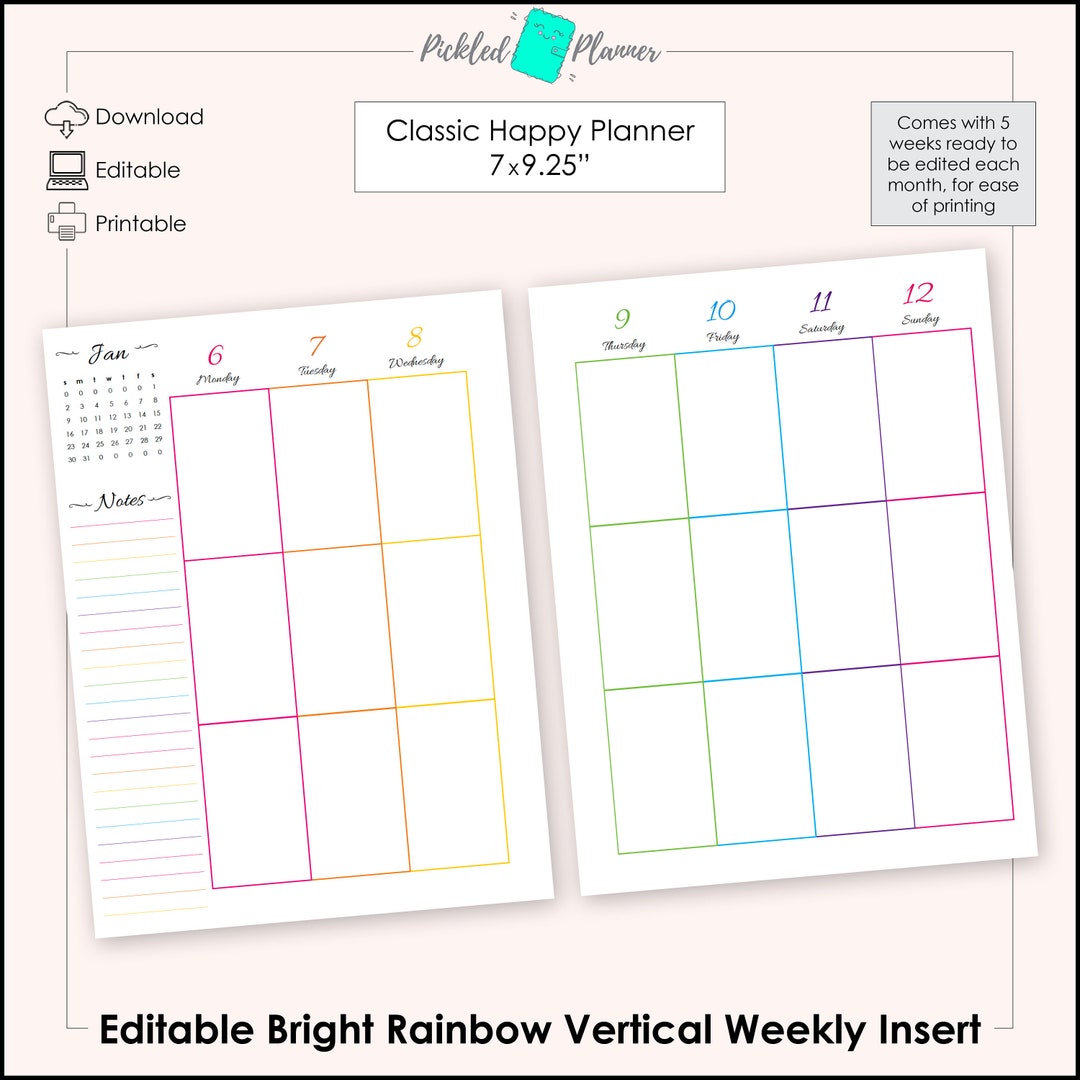 Editable Bright Rainbow Undated, Vertical Weekly Planner/binder ...