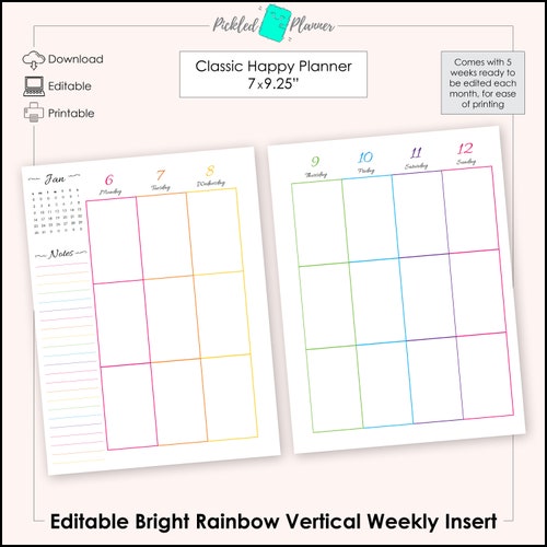 Editable Bright Rainbow Undated Vertical Weekly - Etsy