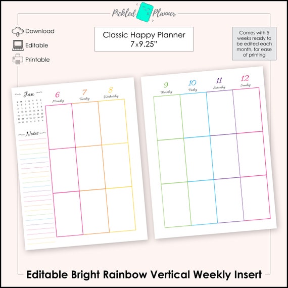 Editable Bright Rainbow Undated Vertical Weekly - Etsy