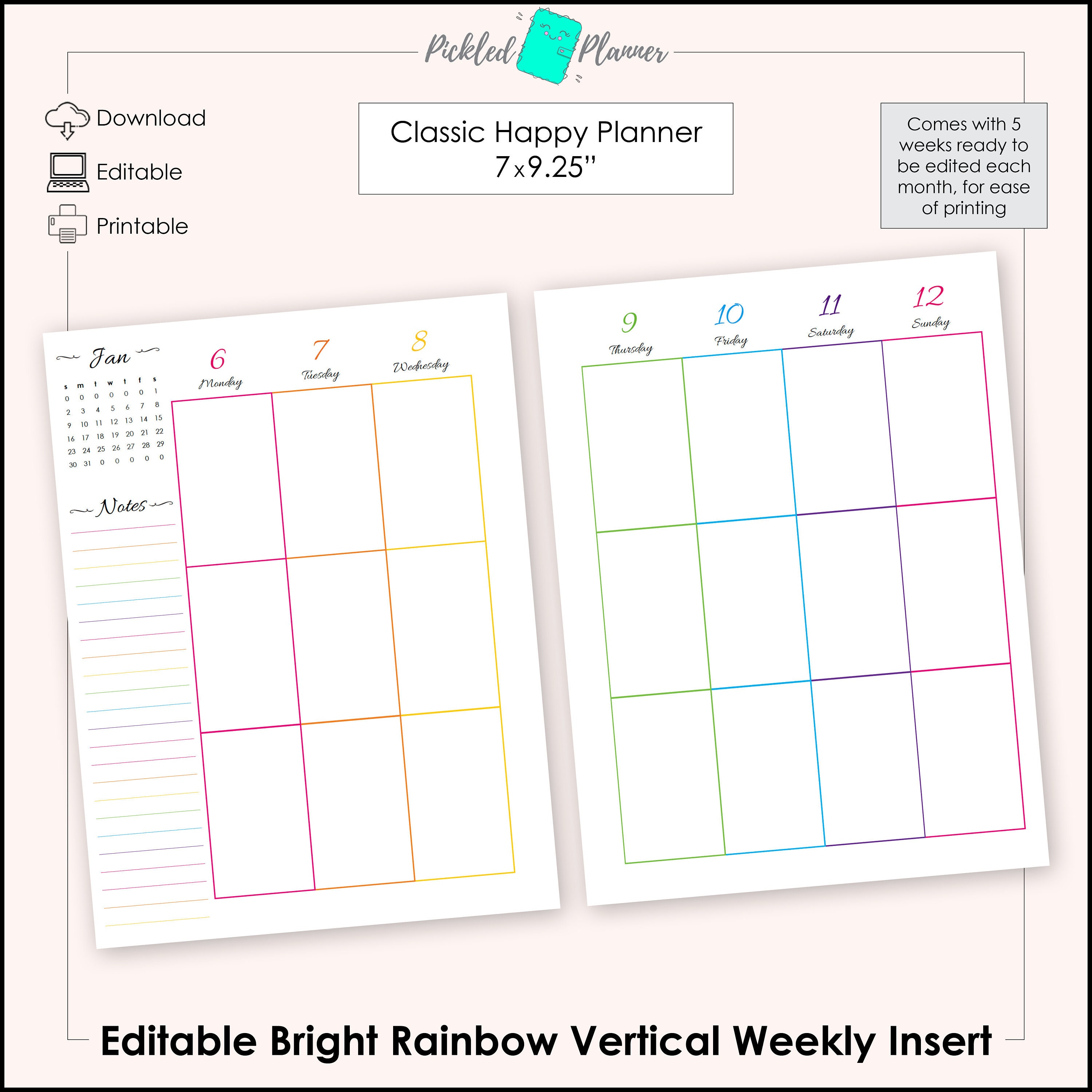 Editable Bright Rainbow Undated Vertical Weekly - Etsy