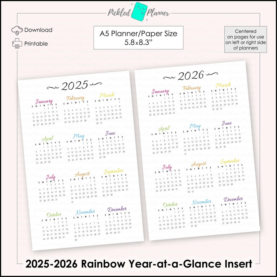 NEW! Centered A5 Bright Rainbow 2025-2026 Dated Year-at-a-glance Month ...