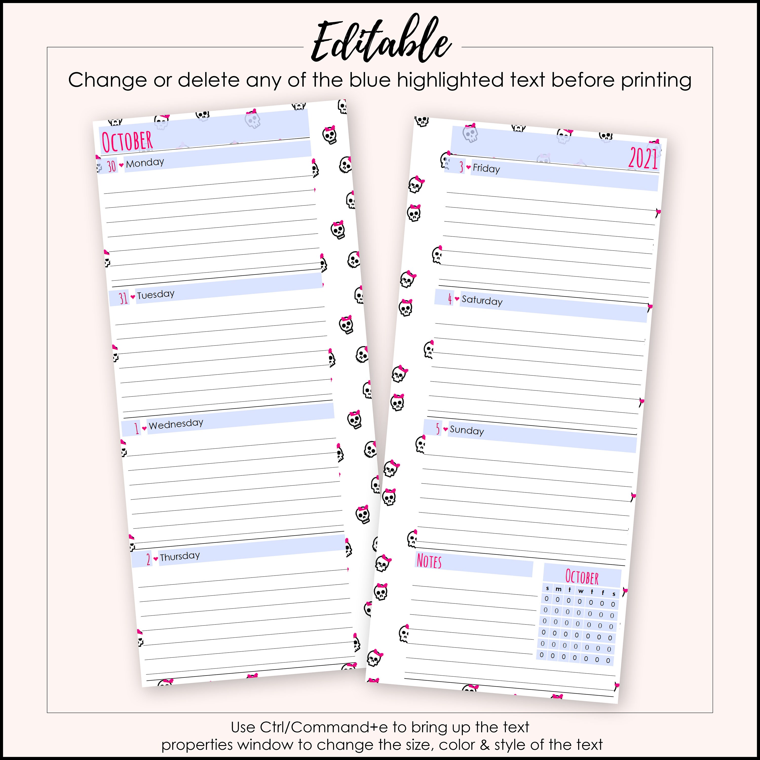 Editable Pink Bows & Skulls Undated, Horizontal Weekly Planner ...
