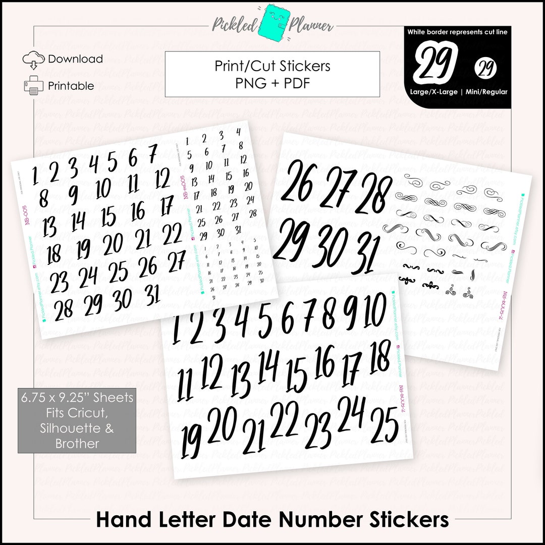 Printable Hand-letter Date Number Stickers Print/cut Sticker Sheets 4 Sizes Blackout Pngs ...