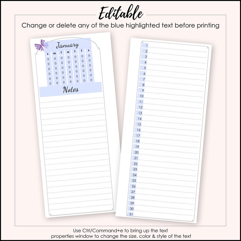 Editable Sweet Purple Bow Undated Perpetual Monthly Planner - Etsy