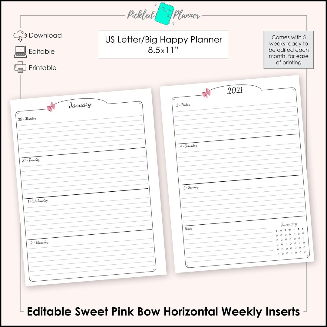 Editable Sweet Pink Bow Undated, Horizontal Weekly Planner/binder ...