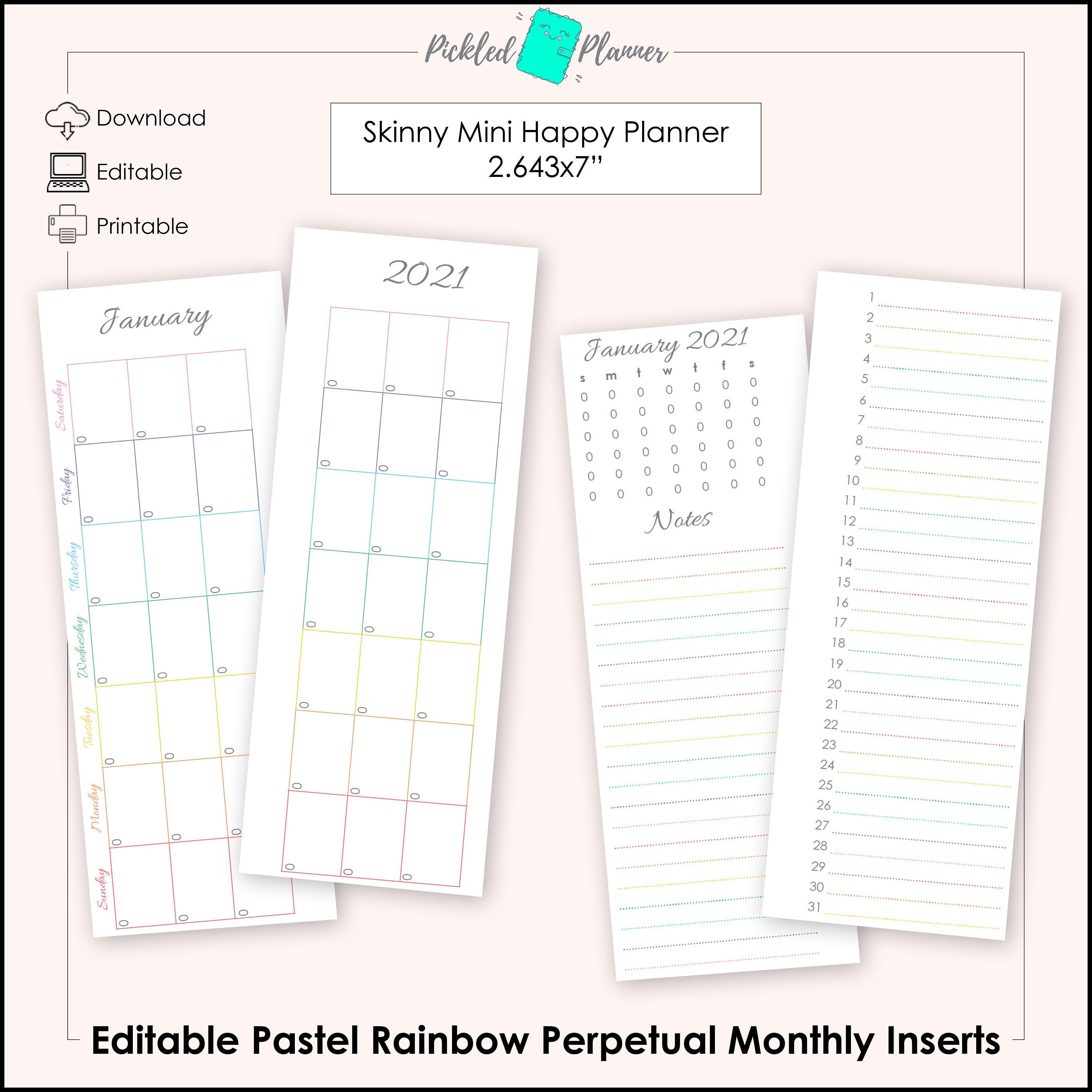Editable Skinny Mini Pastel Rainbow Planner Perpetual Monthly | Etsy