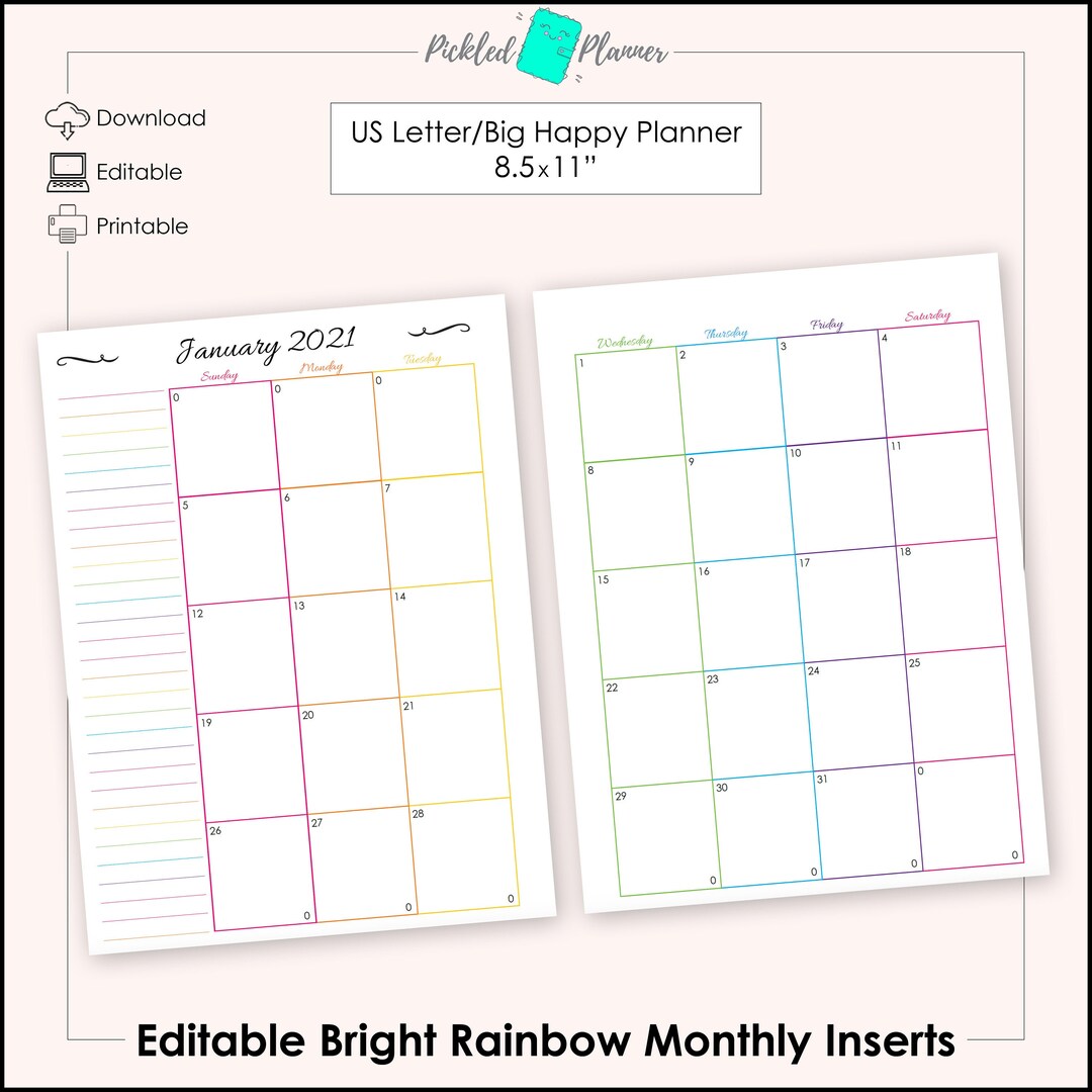 Editable Bright Rainbow Undated, Monthly Planner/binder Printable 8 ...