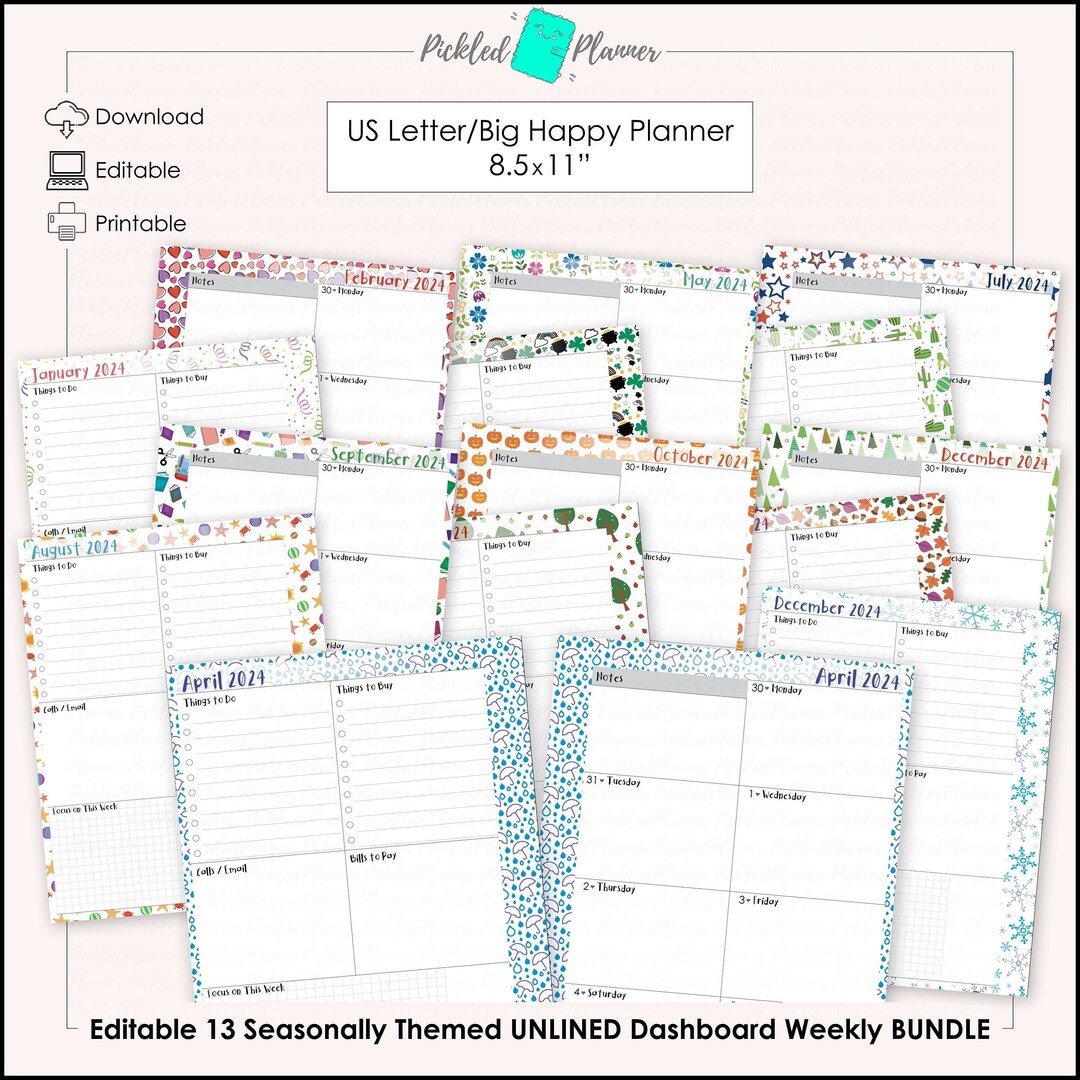 Editable Unlined Dashboard Weekly, Undated 14 Seasonal Themed Planner ...