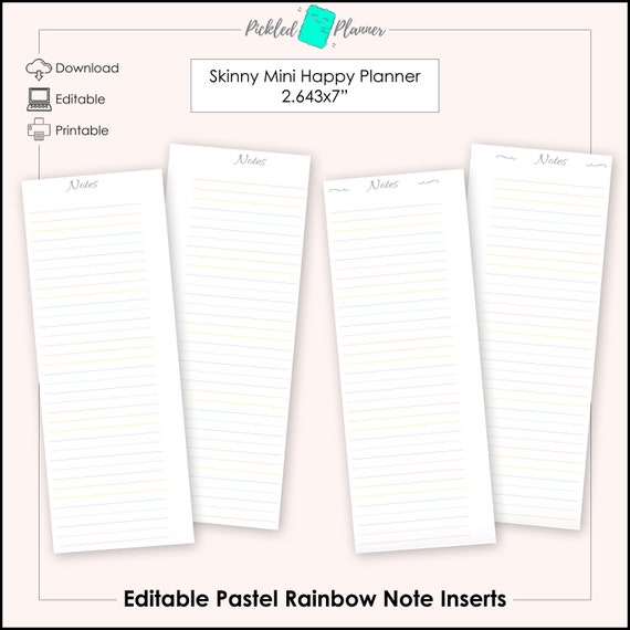 Editable Skinny Mini Pastel Rainbow Planner Notes Printables | Etsy