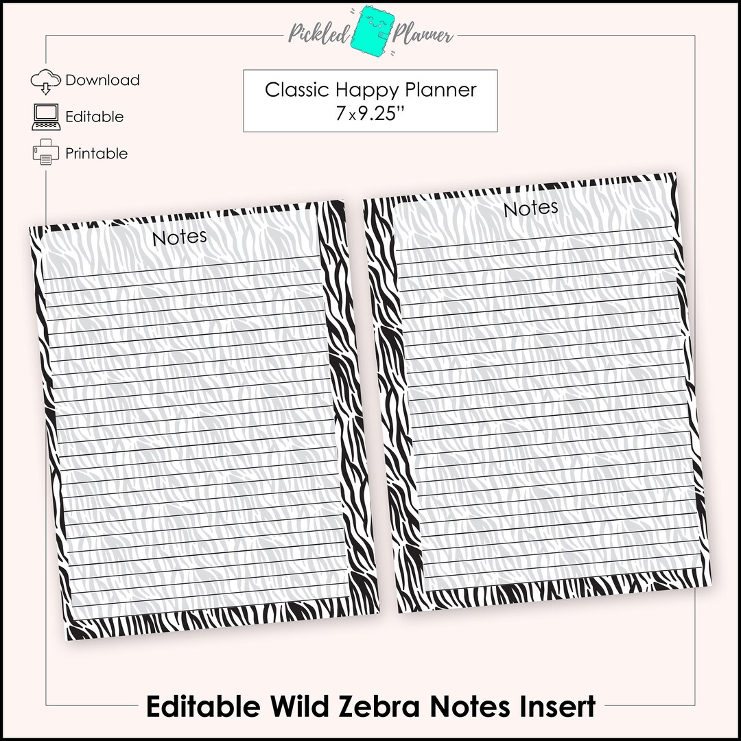 Editable Wild Zebra Notes Printable 7x9.25 Classic Happy Planner Size ...