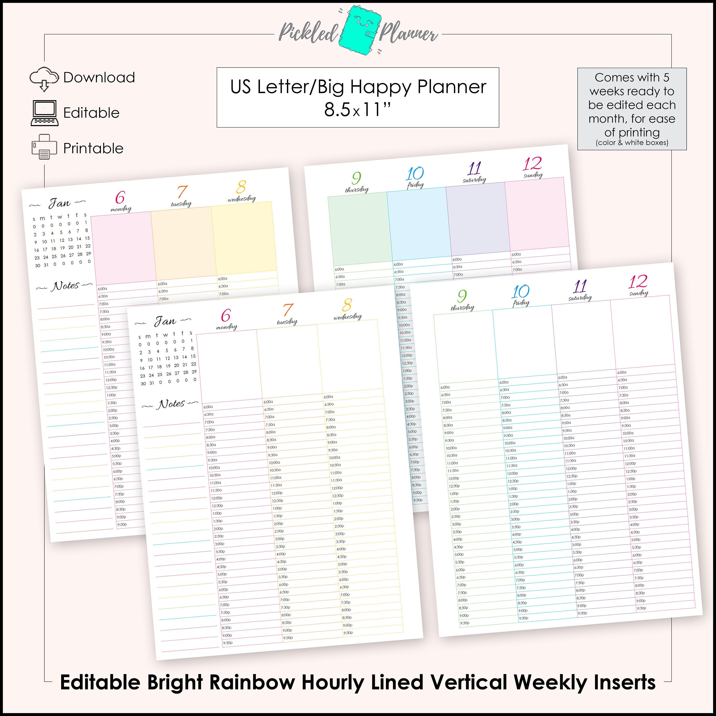 Editable Bright Rainbow Hourly LINED Undated, Vertical Weekly Planner ...