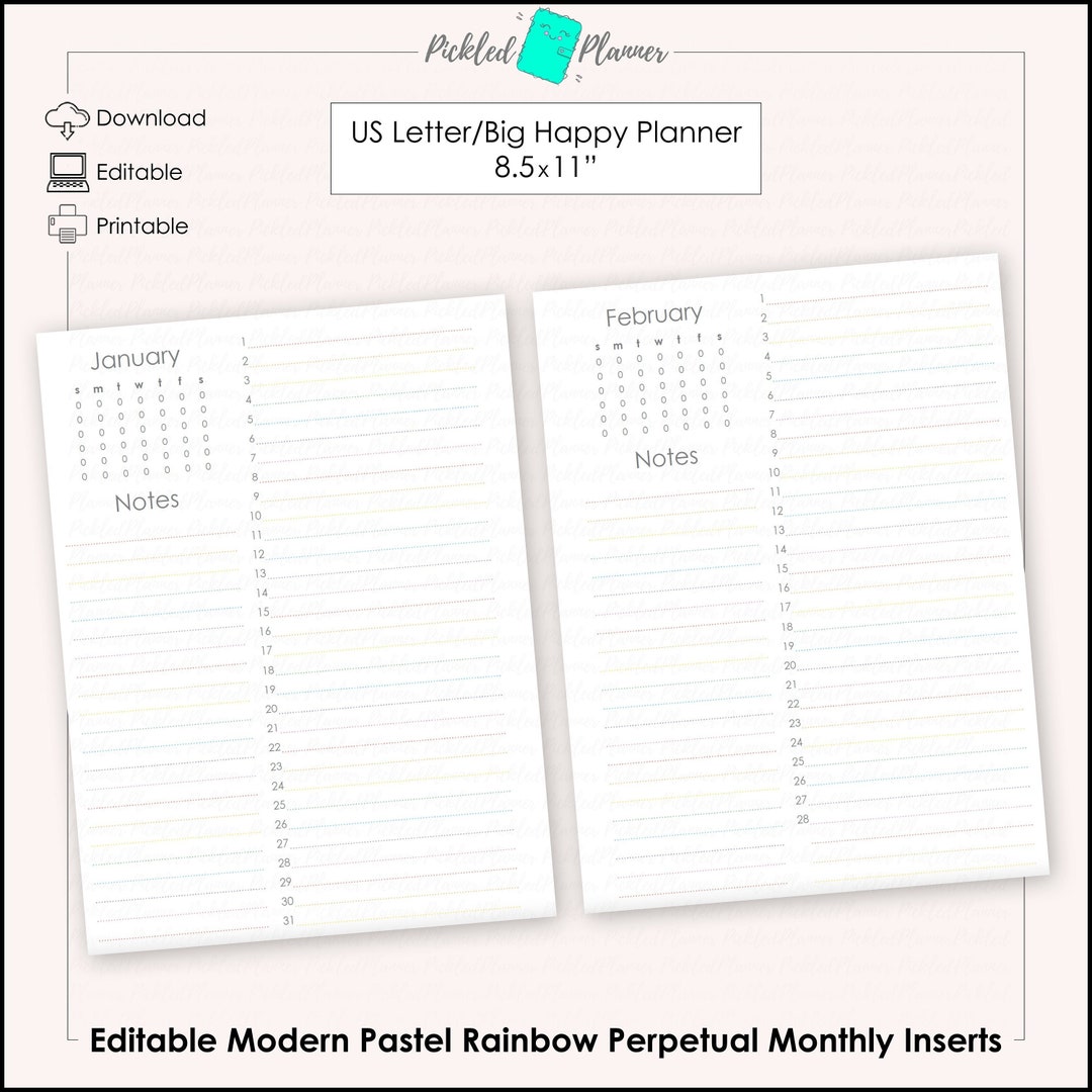 Editable Modern Pastel Rainbow Undated Perpetual Monthly Planner/binder ...