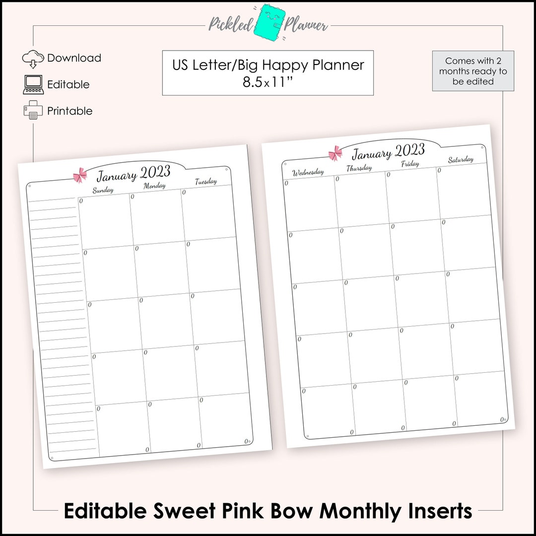 Editable Sweet Pink Bow Undated Monthly Planner/binder Printable 8.5x11 ...