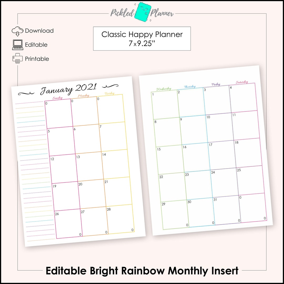 Editable Bright Rainbow Undated Monthly Planner/binder Printable - 7x9 ...