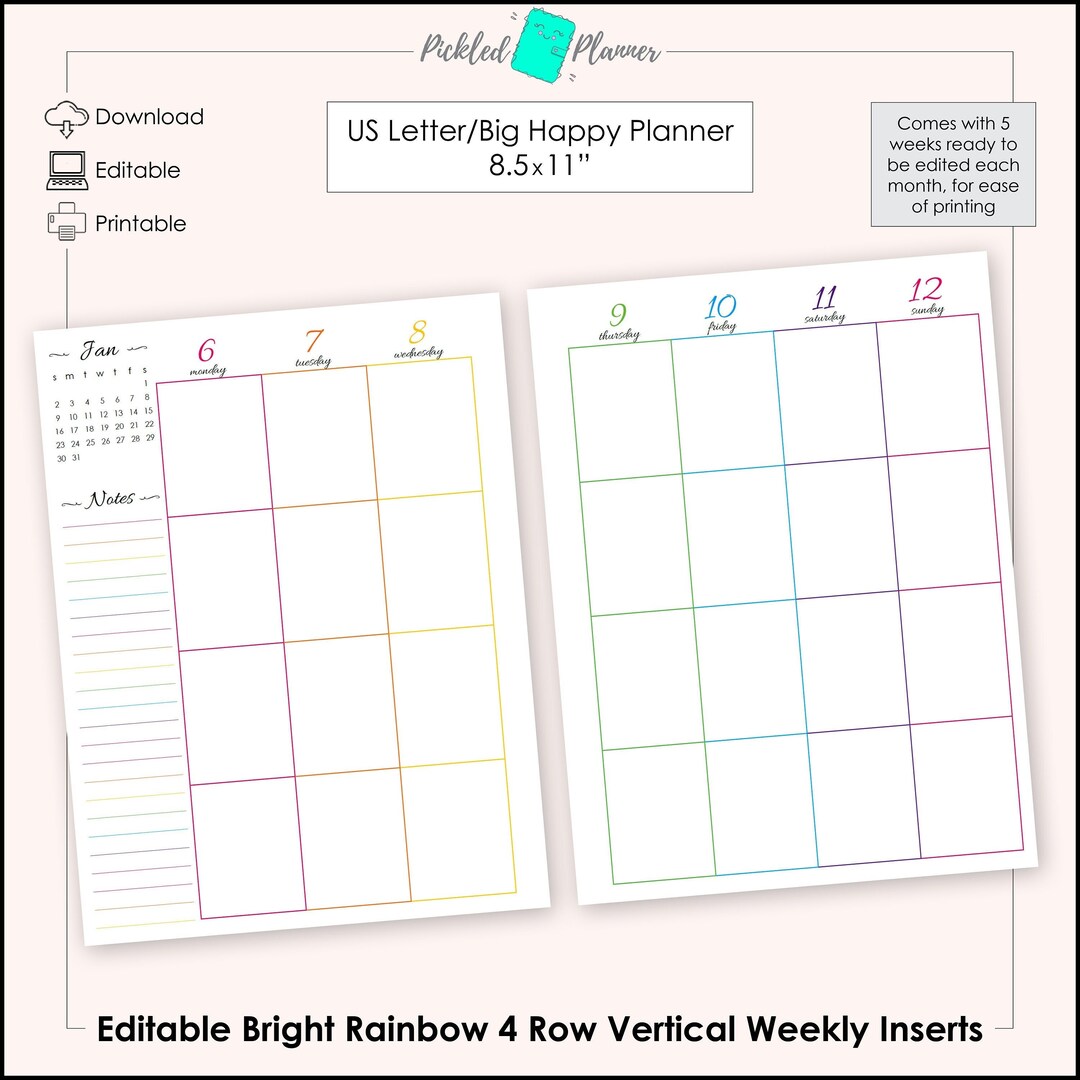4 Row Editable Bright Rainbow Undated, Divided Vertical Weekly Planner ...