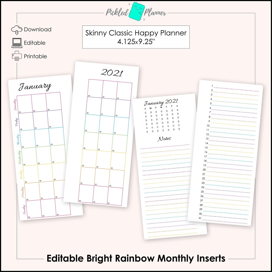 Editable Bright Rainbow Undated Perpetual Monthly Printable - 4.125x9 ...