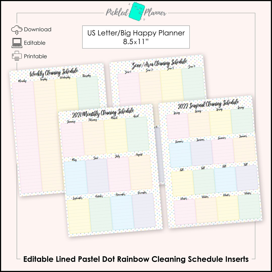 Lined, Editable, Pastel Dots & Rainbow Boxes Cleaning Schedule Planner ...