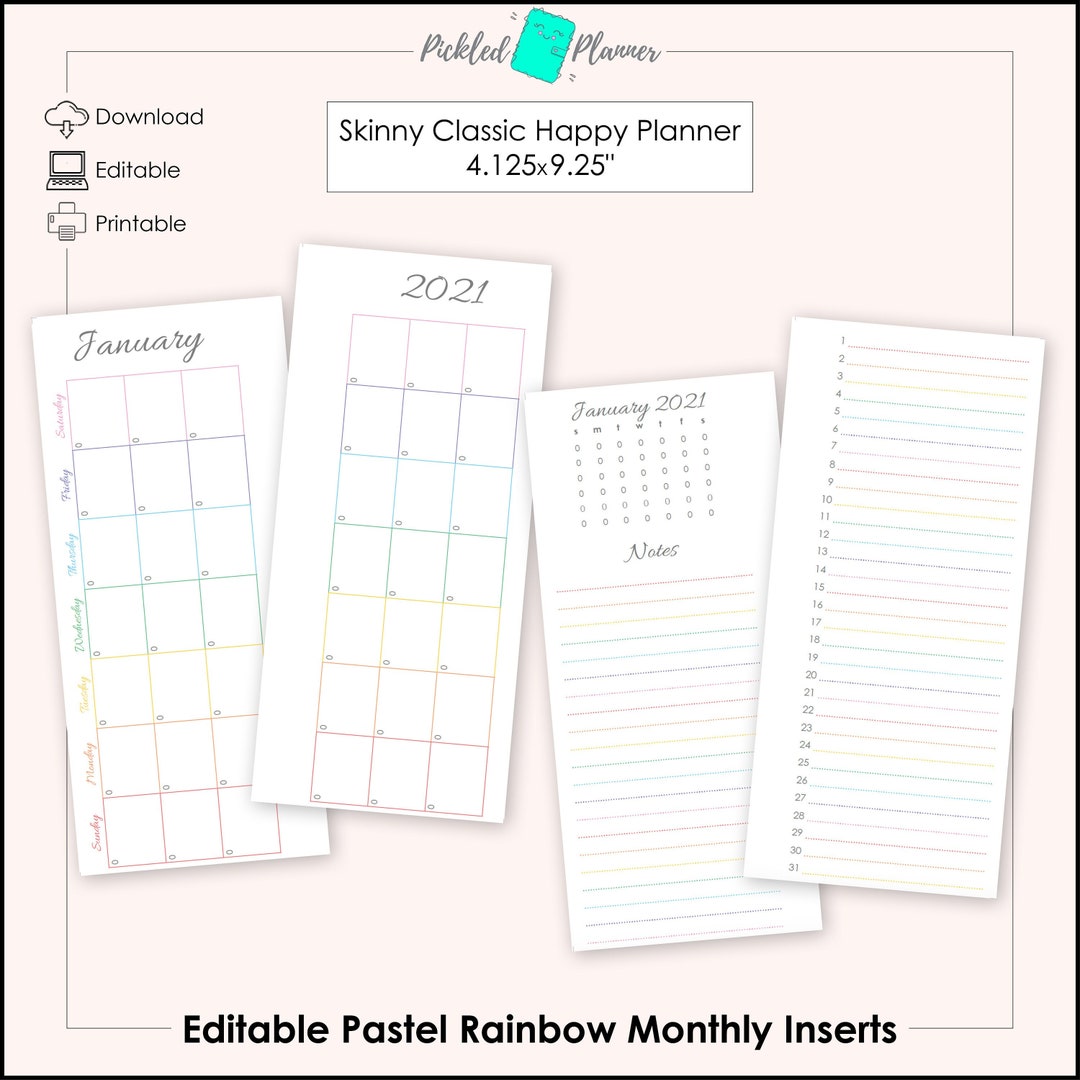Editable Pastel Rainbow Undated Perpetual Monthly Printable - 4.125x9 ...