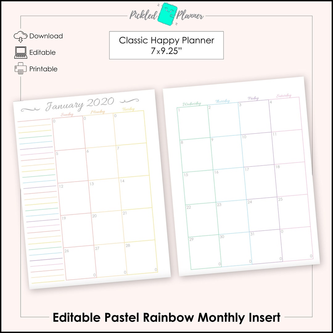 Editable Pastel Rainbow Undated Monthly Planner/binder Printable 7x9.25 ...