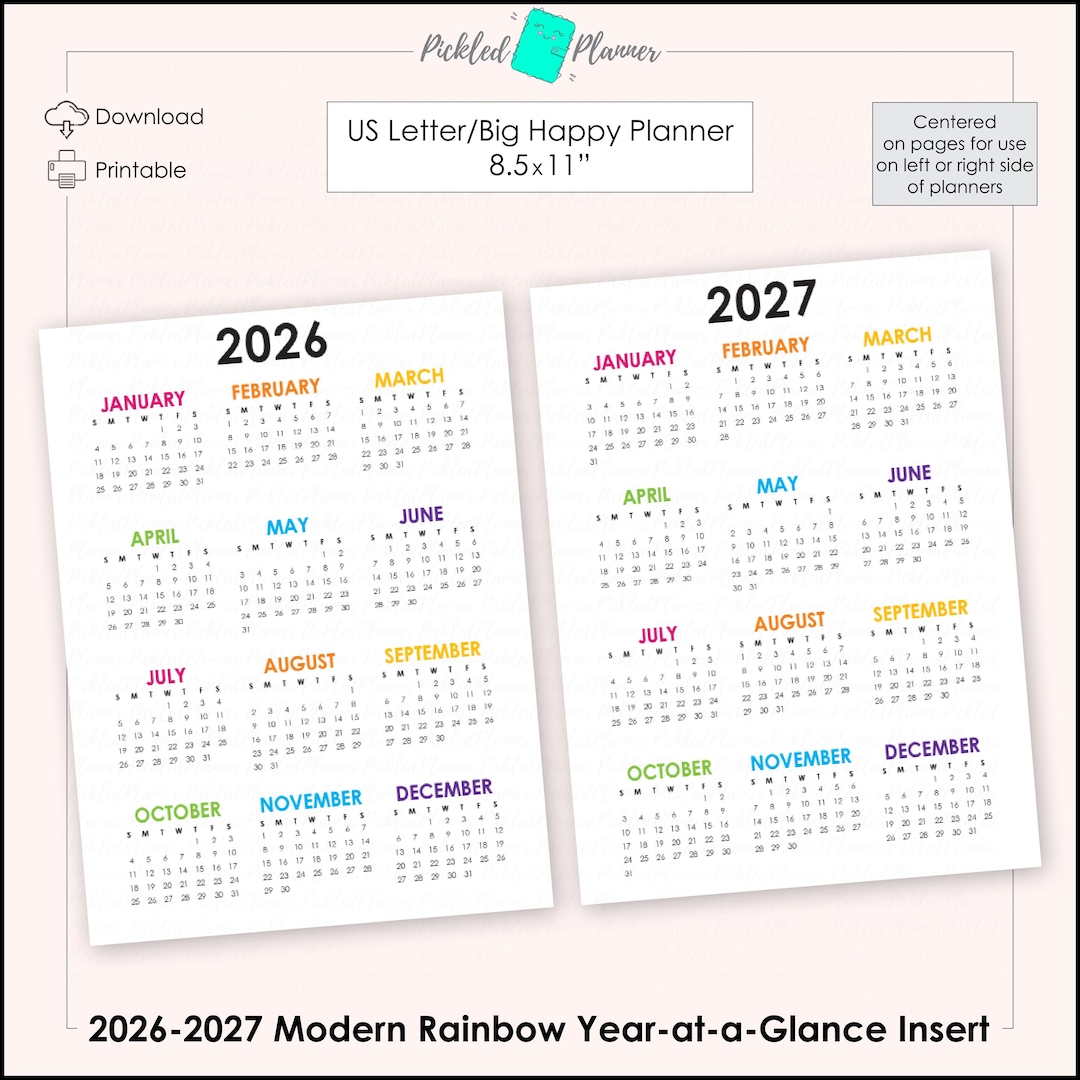Centered Modern Bright Rainbow 2026-2027 Dated Year-at-a-glance Month ...
