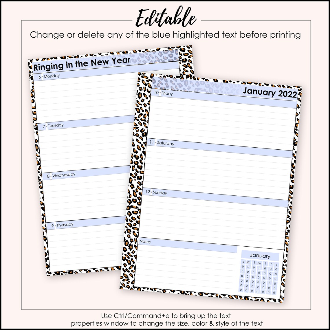 Editable Wild Cheetah Undated Horizontal Weekly - Etsy