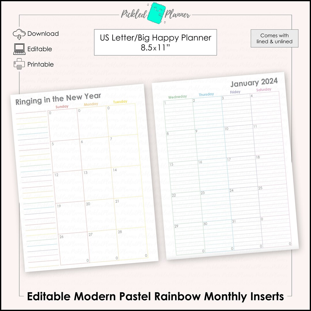 Editable Modern Pastel Rainbow Undated, Lined & Unlined Monthly Planner ...