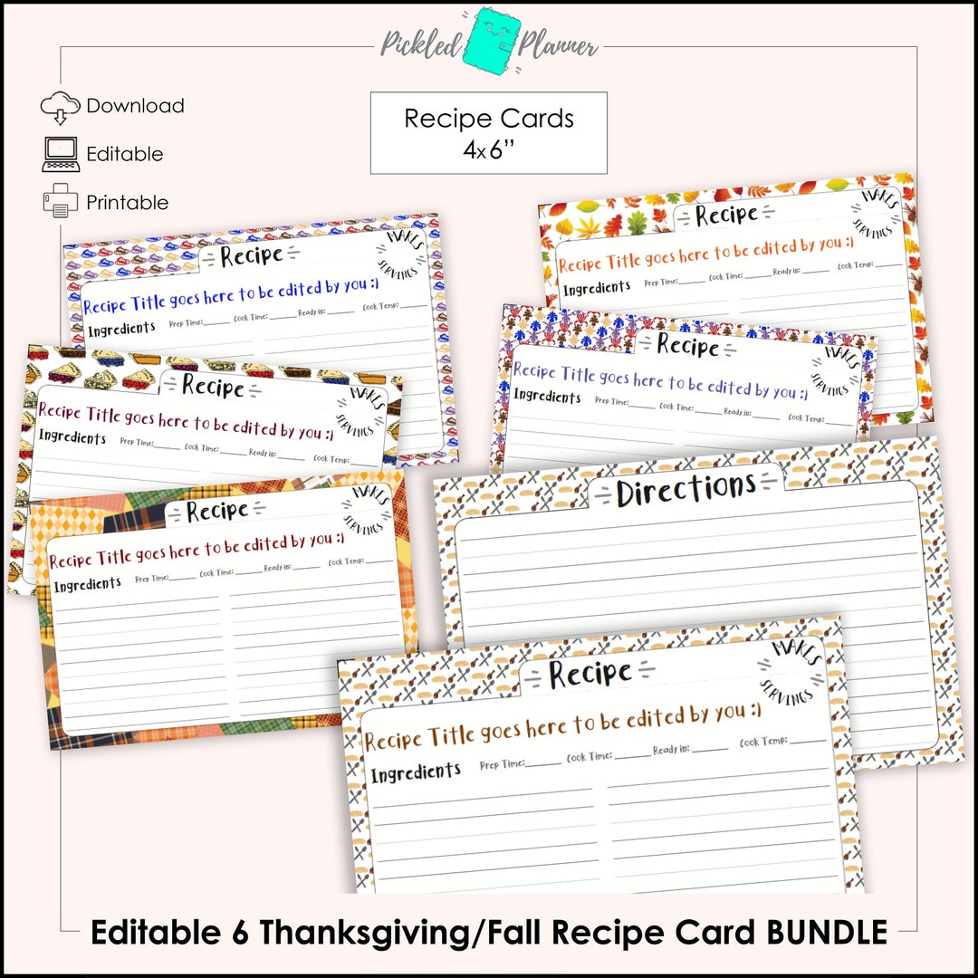 Editable Lined 6 Thanksgiving/fall Themed Recipe Cards Printable BUNDLE ...
