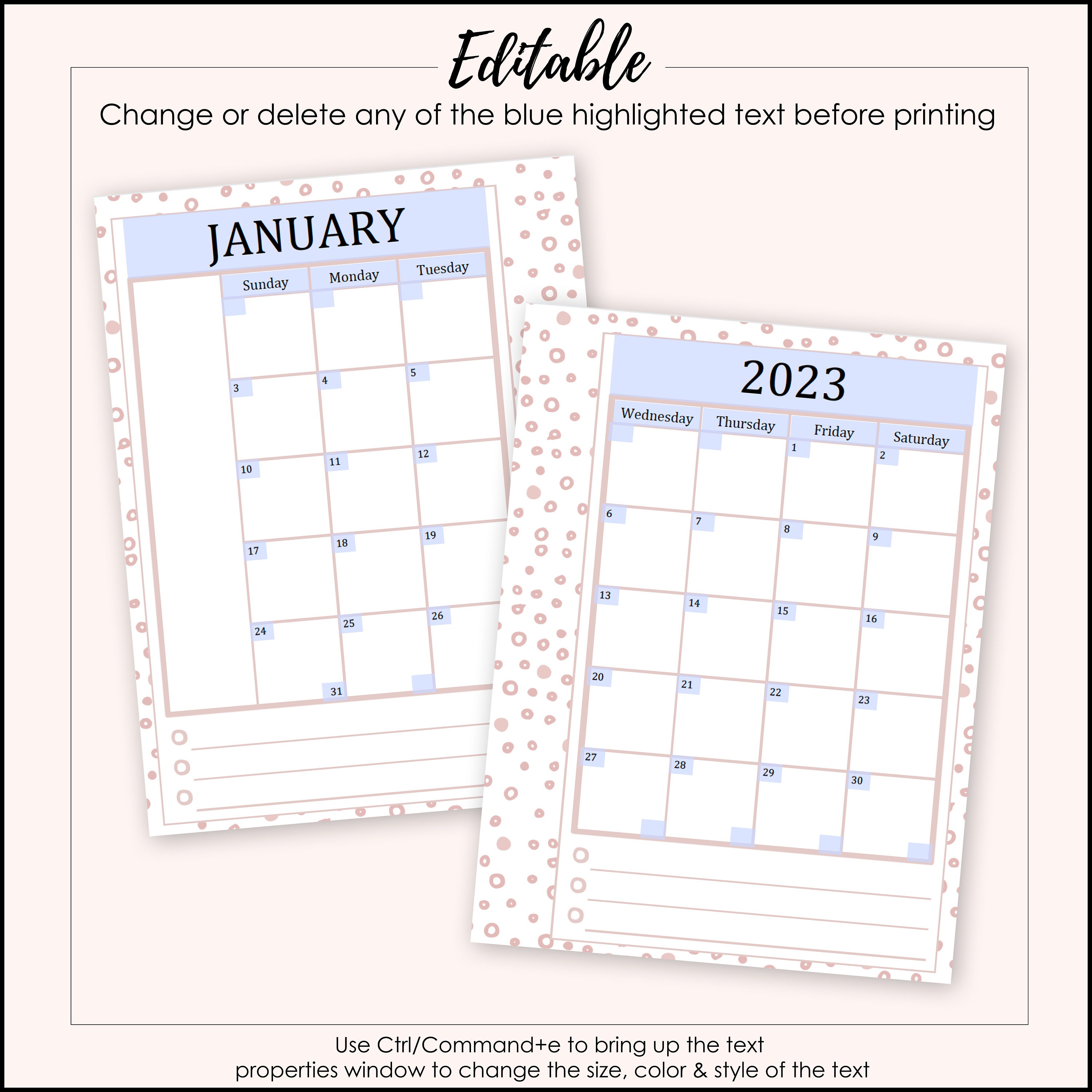 Editable Micro Blush Pink Dots+rings Undated Monthly Planner Printable ...