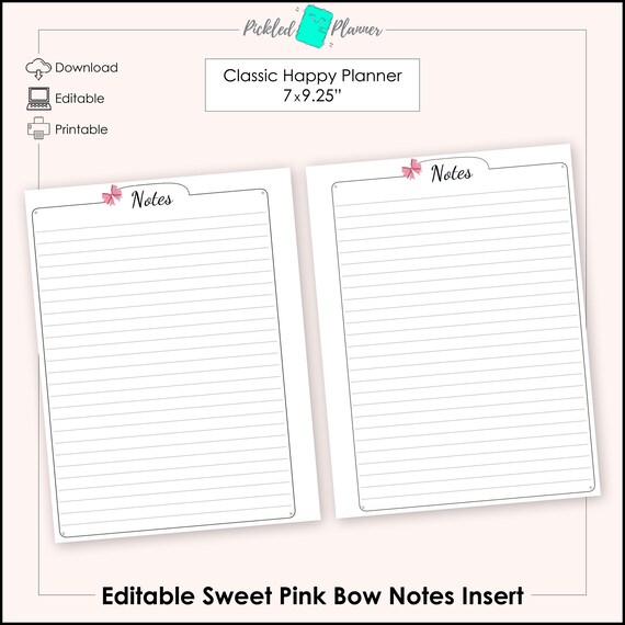 Editable Sweet Pink Bow Notes Printable 7x9.25 - Etsy