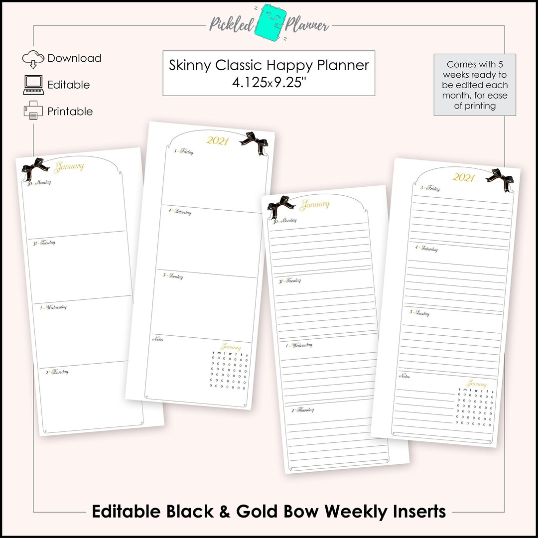 Editable Black & Gold Bow Undated, Horizontal Weekly Planner Printable ...