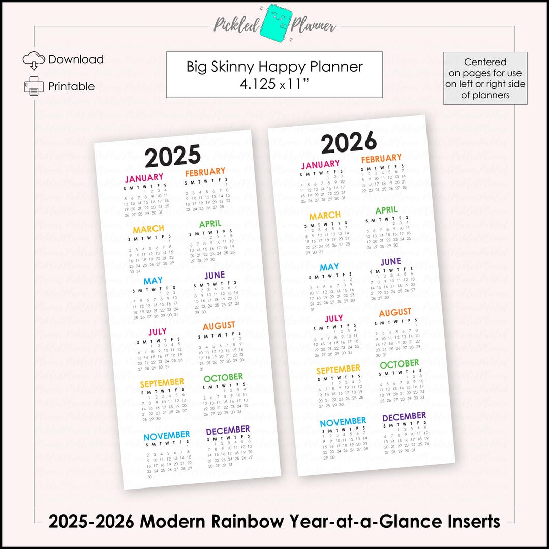Centered Modern Bright Rainbow 2025-2026 Dated Year-at-a-glance Month ...