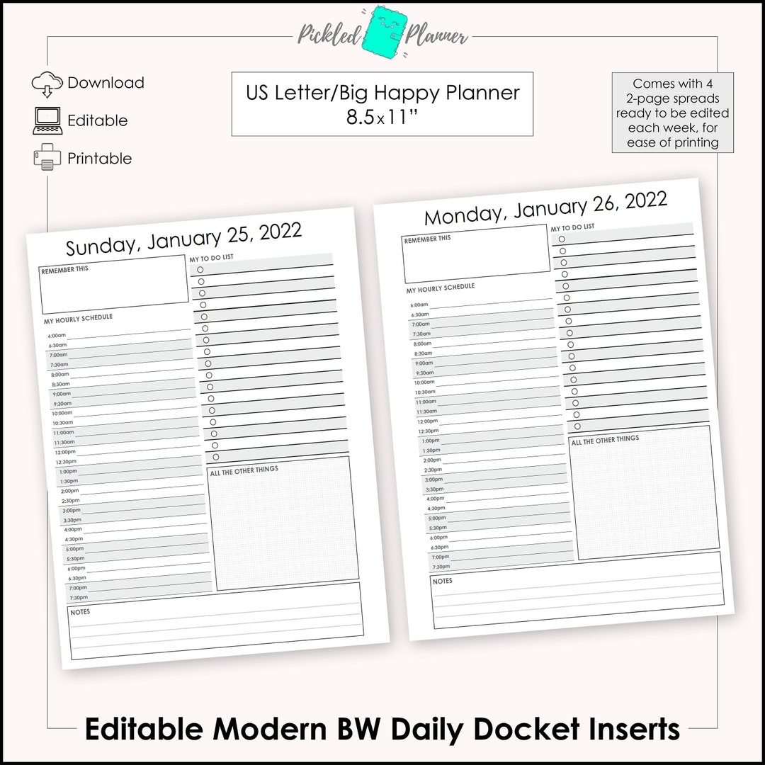 Editable Modern Black & White Undated, Daily Docket Planner/binder ...